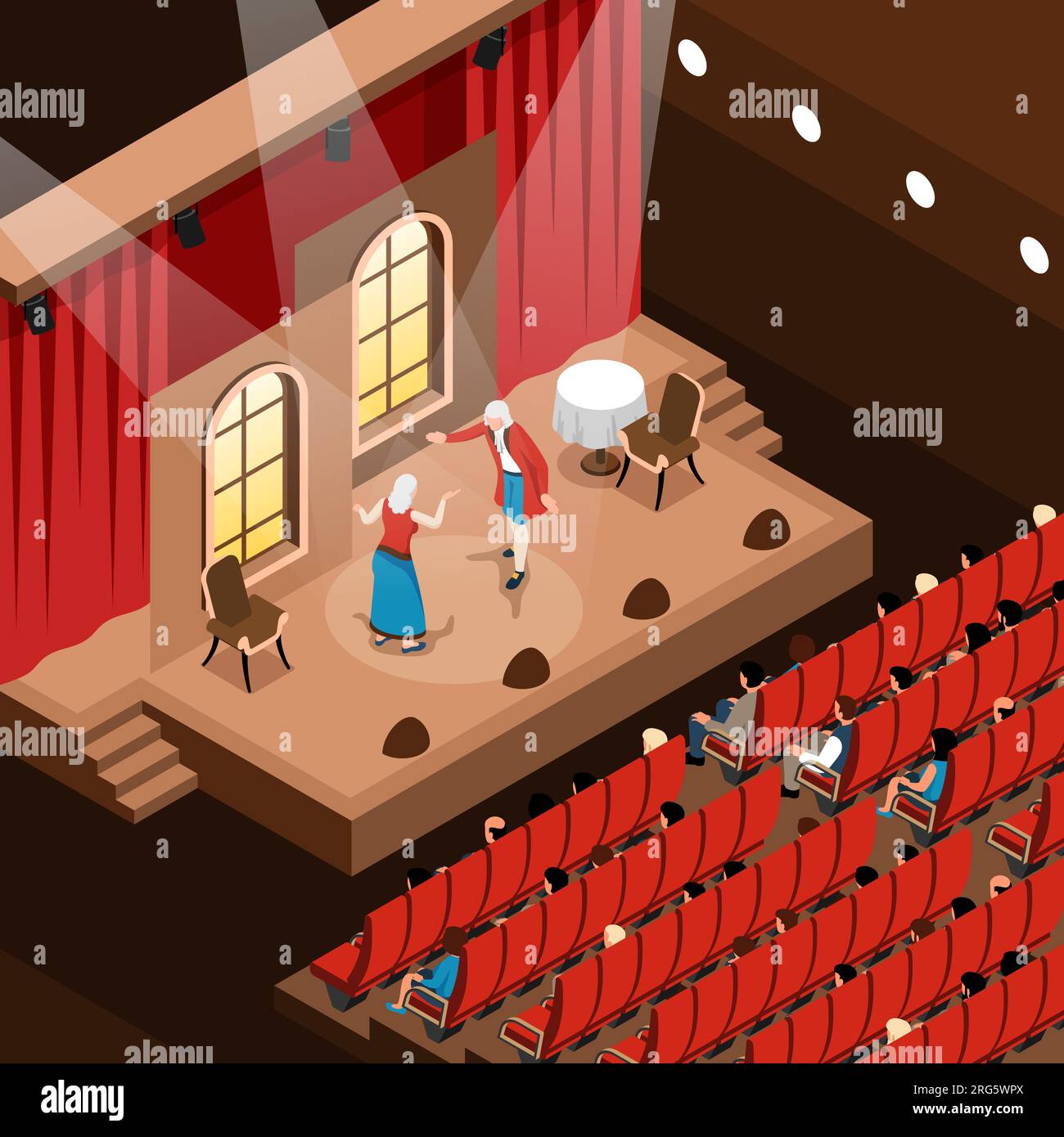 Isometric Fragment Of Theater Auditorium With Actors Playing On Stage