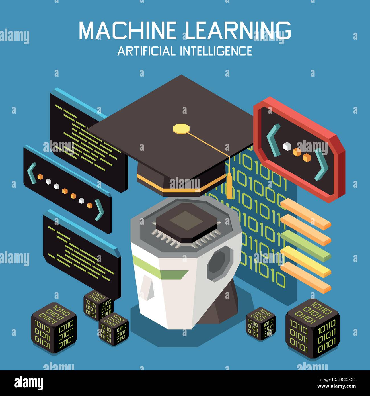Machine learning isometric composition with text and cubes with code robotic head chip with ...