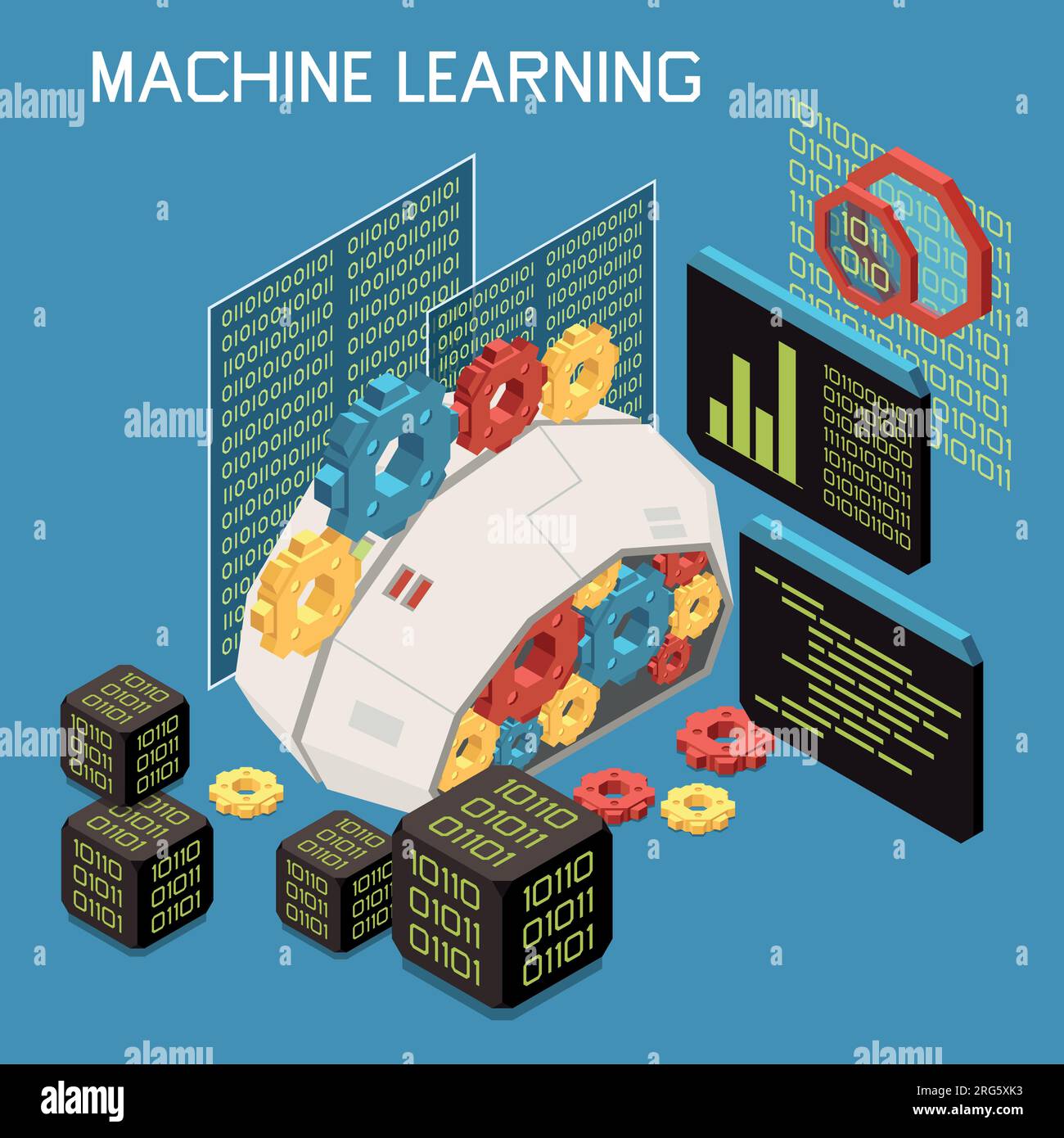 Machine learning isometric composition with artificial brain full of gears with cubes of code ...