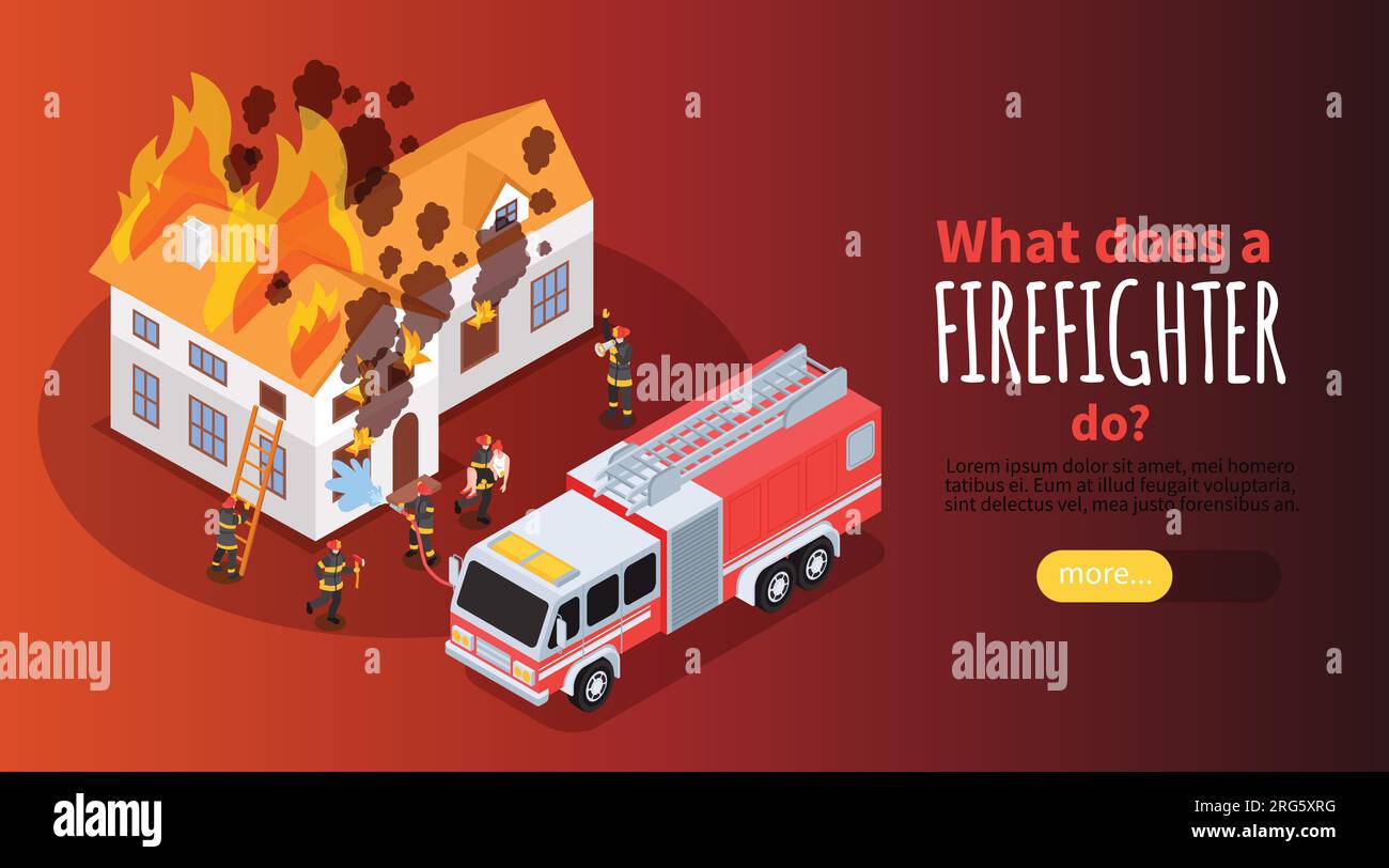 Isometric firefighter horizontal banner with view of burning house and ...