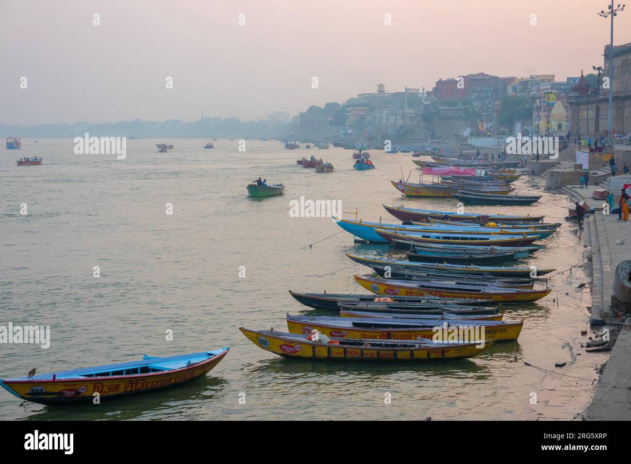 Boats on Ganges River at Banaras Ghat, sunrise, Varanasi, Uttar Pradesh ...