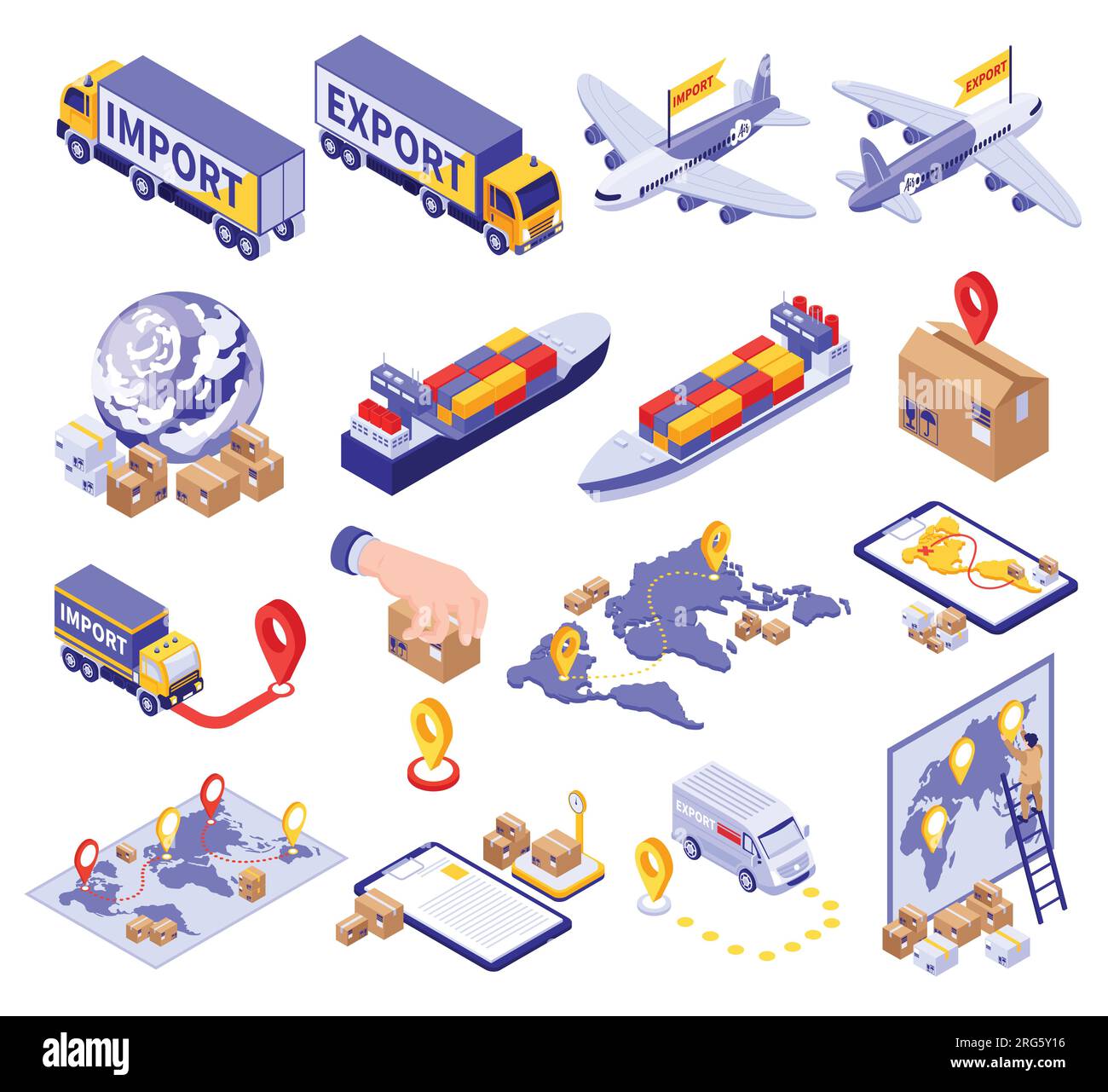 Isometric cargo export import set of isolated icons with trucks ...