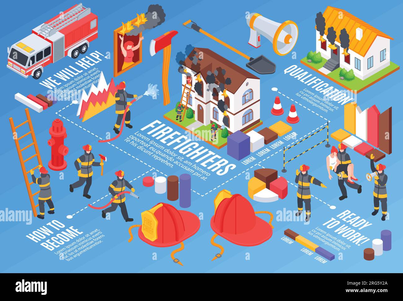 Isometric firefighter horizontal composition with bar charts graphs ...