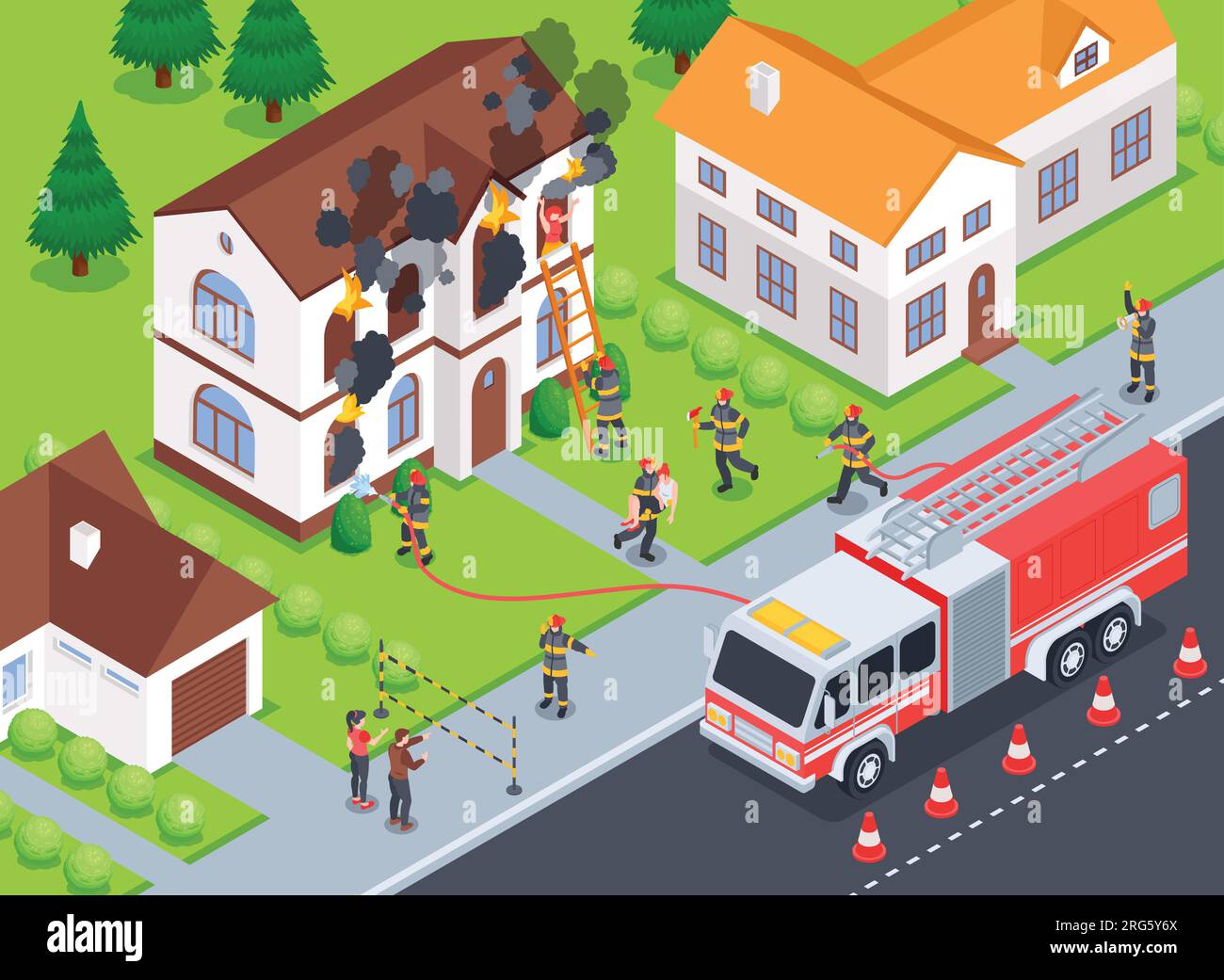 Isometric firefighter composition with outdoor town scenery fire truck ...