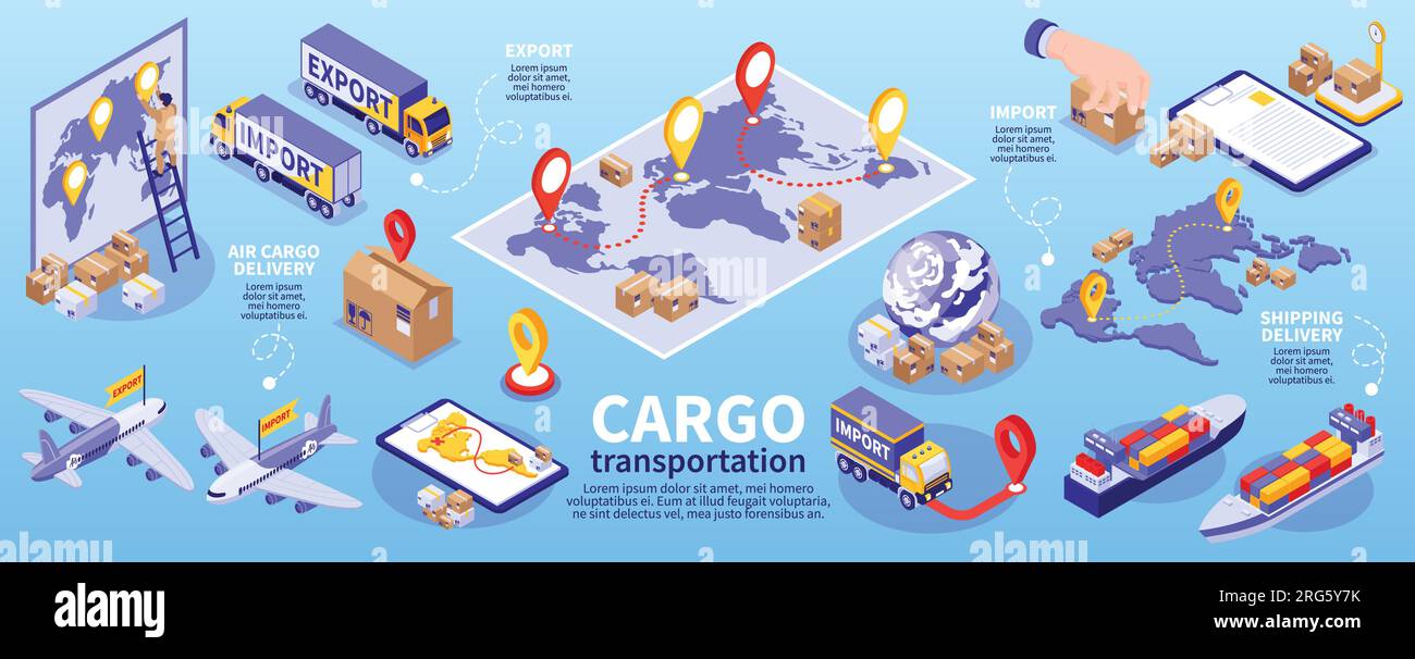 Isometric export import infographics with editable text routes ...