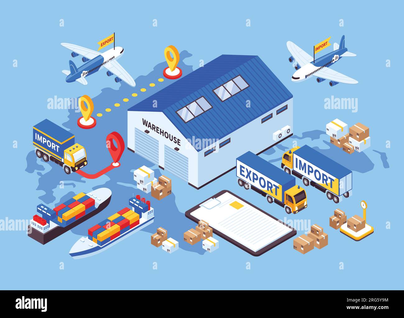 Isometric export import isolated composition with world map background ...