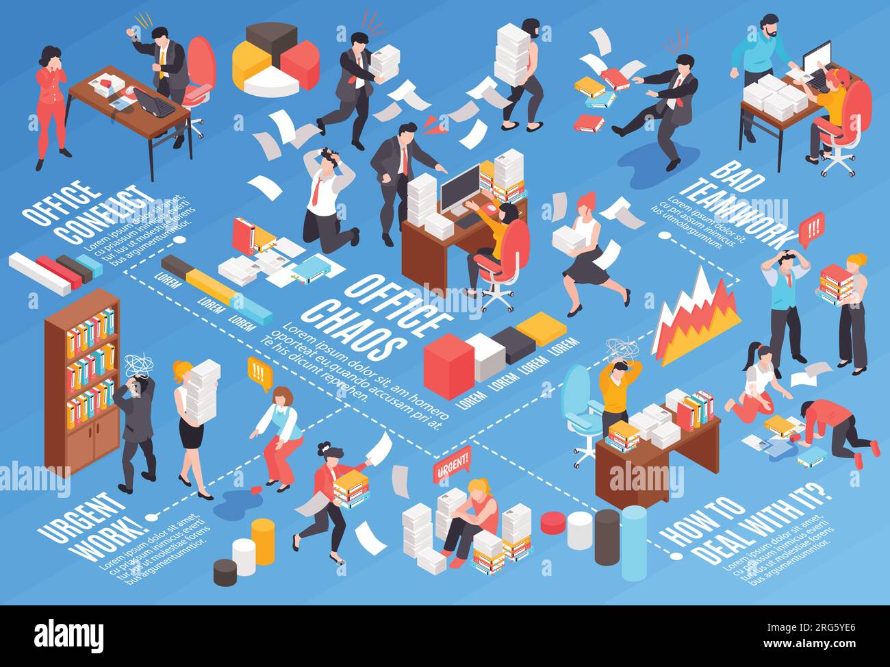 Isometric office chaos horizontal composition with editable text ...
