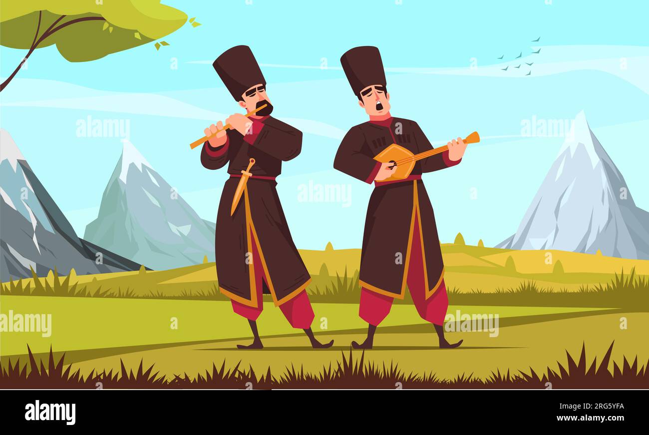 Folklore music concept two men in national costumes and hats play music ...