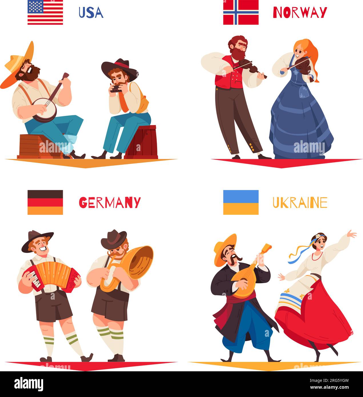Folklore music isolated icon set with usa norway germany and ukraine ...