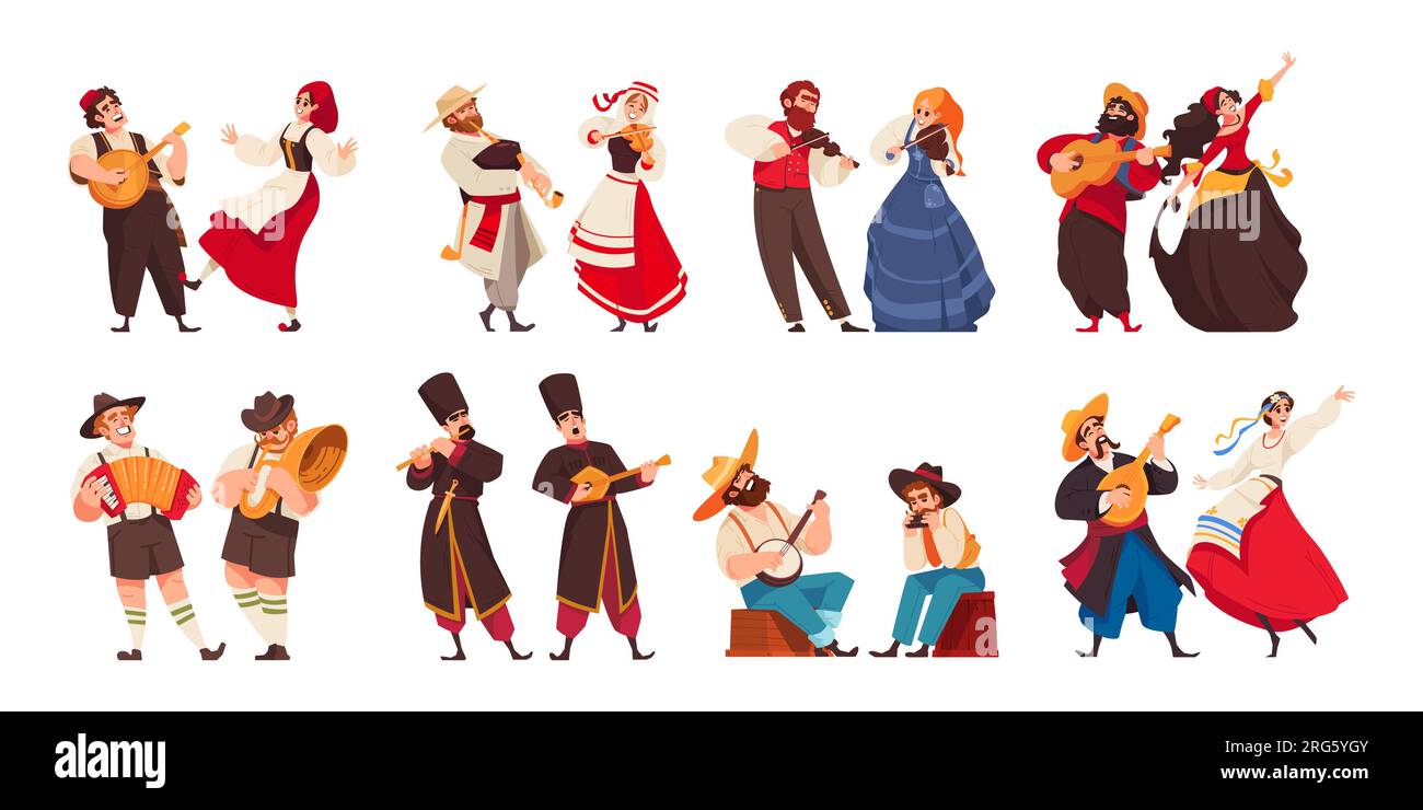 Isolated folklore music icon set with eight pairs of dancers and ...