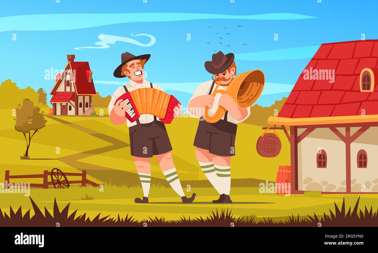 Folklore music colored concept two norwegian men playing music in their national costumes vector ...