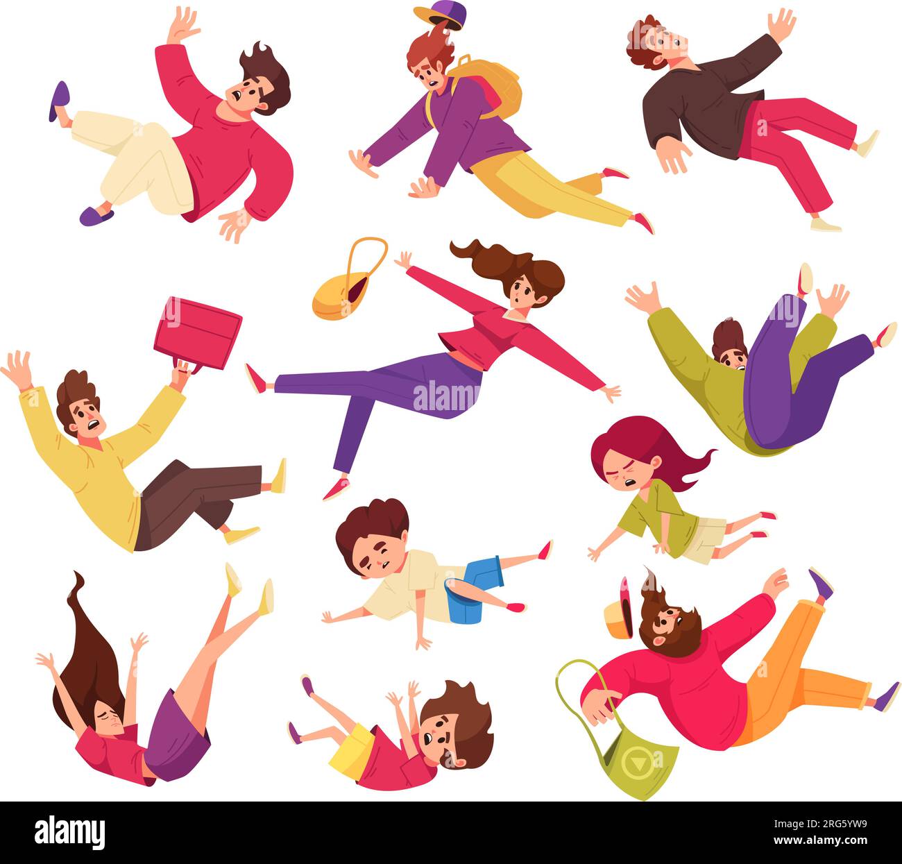 Falling people isolated icon set young adults and children fall from ...