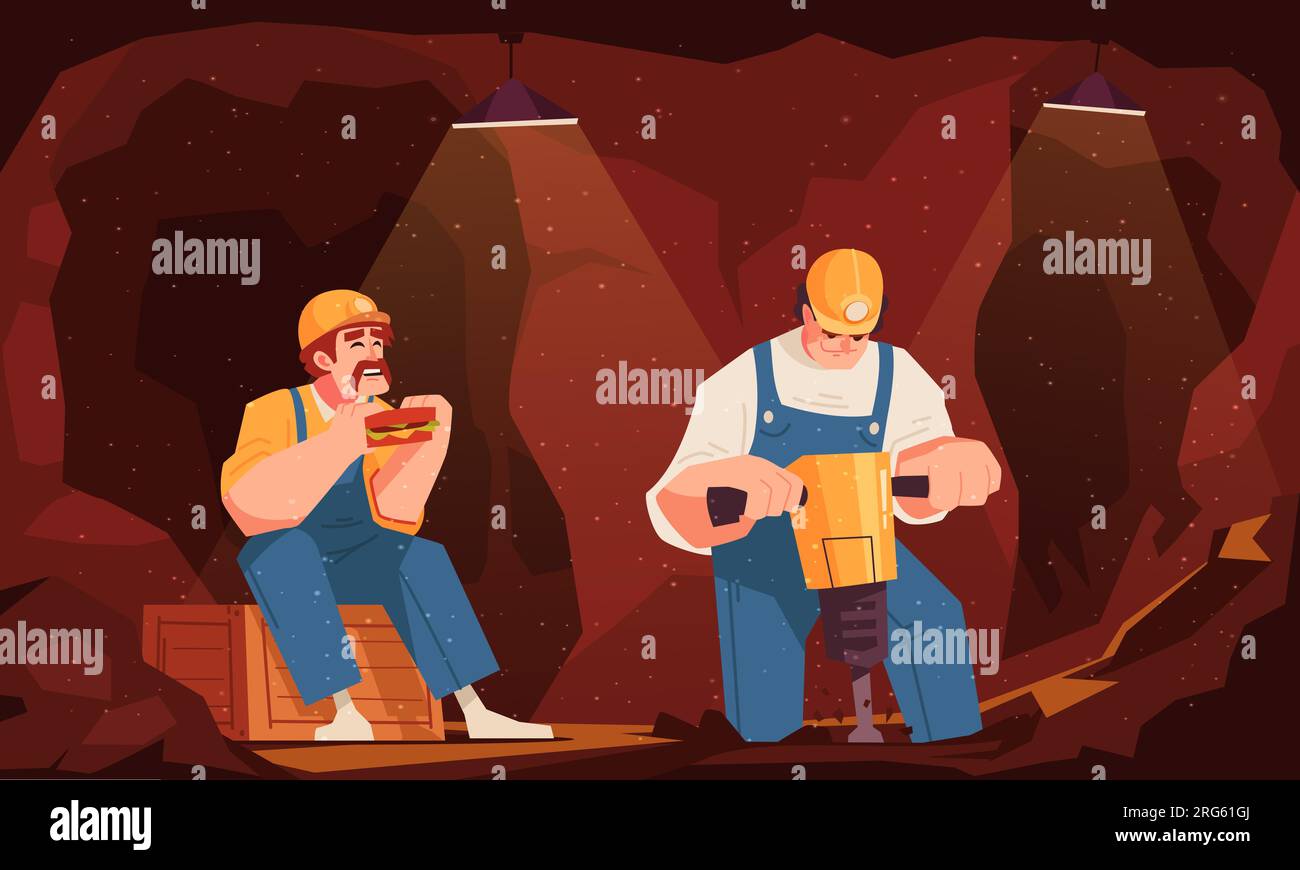 Mining colored concept two workers in the mine one eats his lunch and ...