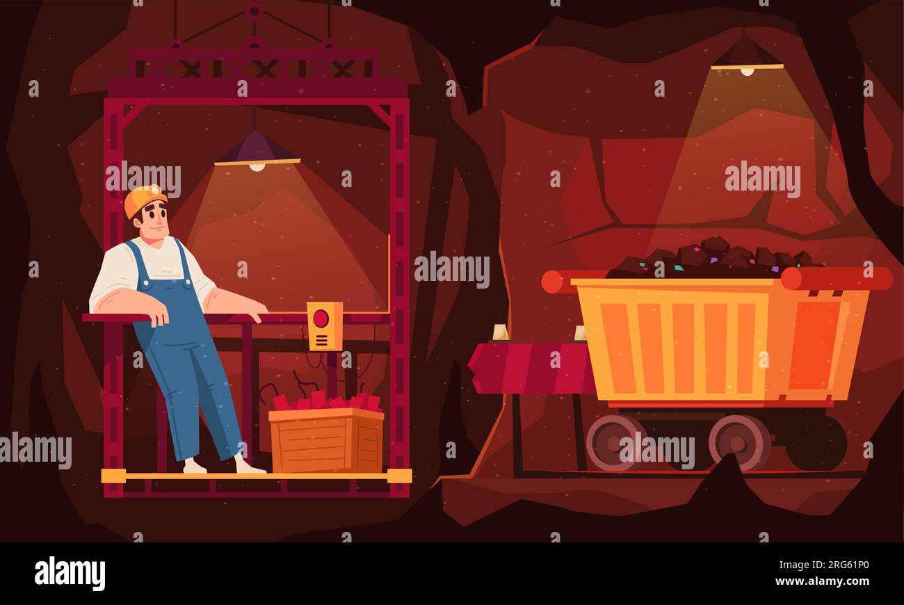 Flat mining composition the worker stands in an elevator in a mine next ...