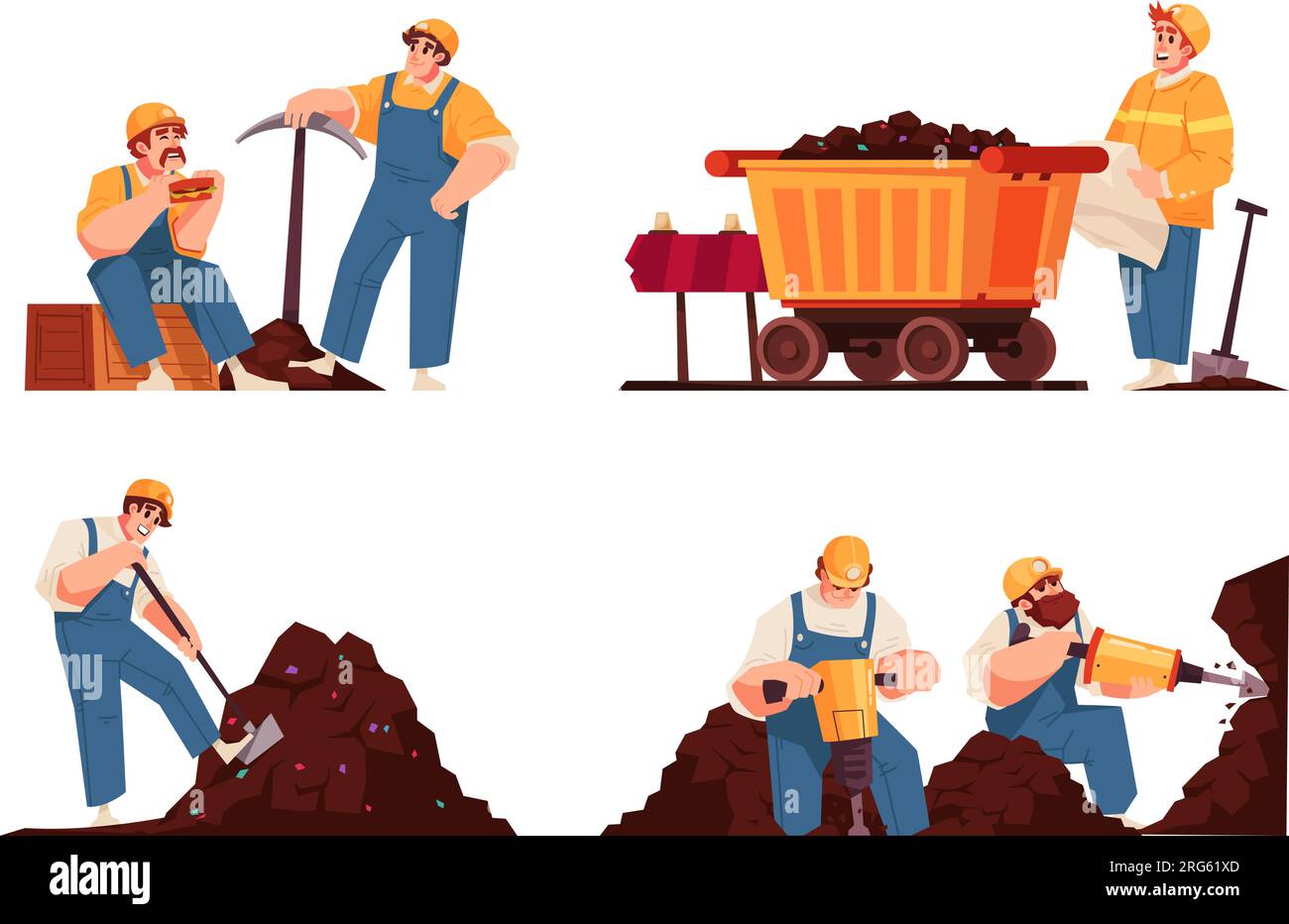 Mining isolated and colored icon set workers at lunch resting and ...