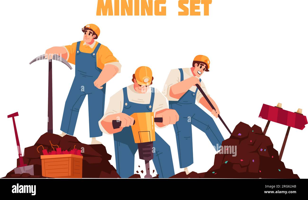 Flat mining concept with mining set description and three workers at ...