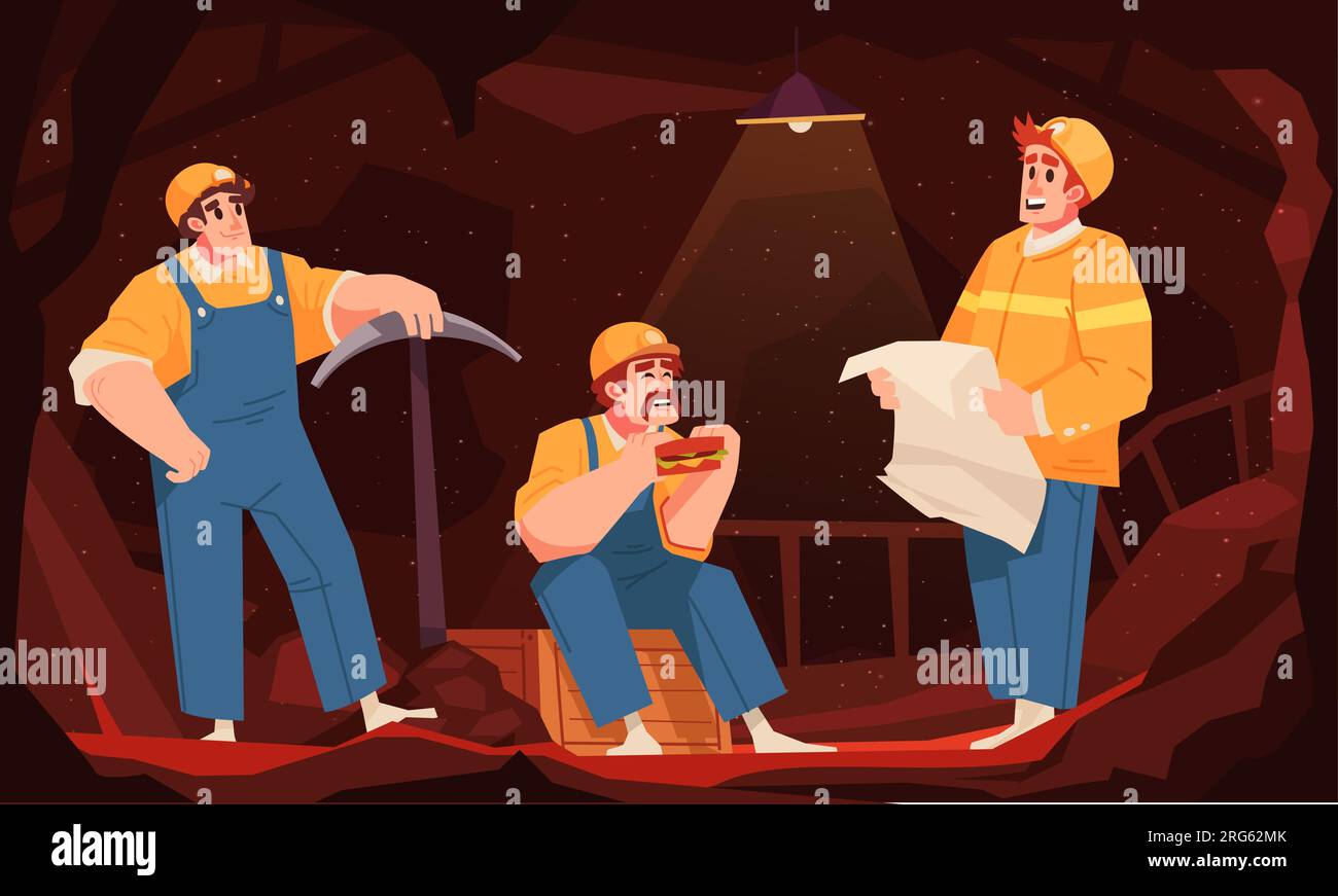 Flat colored mining composition three workers at lunch talk to each ...