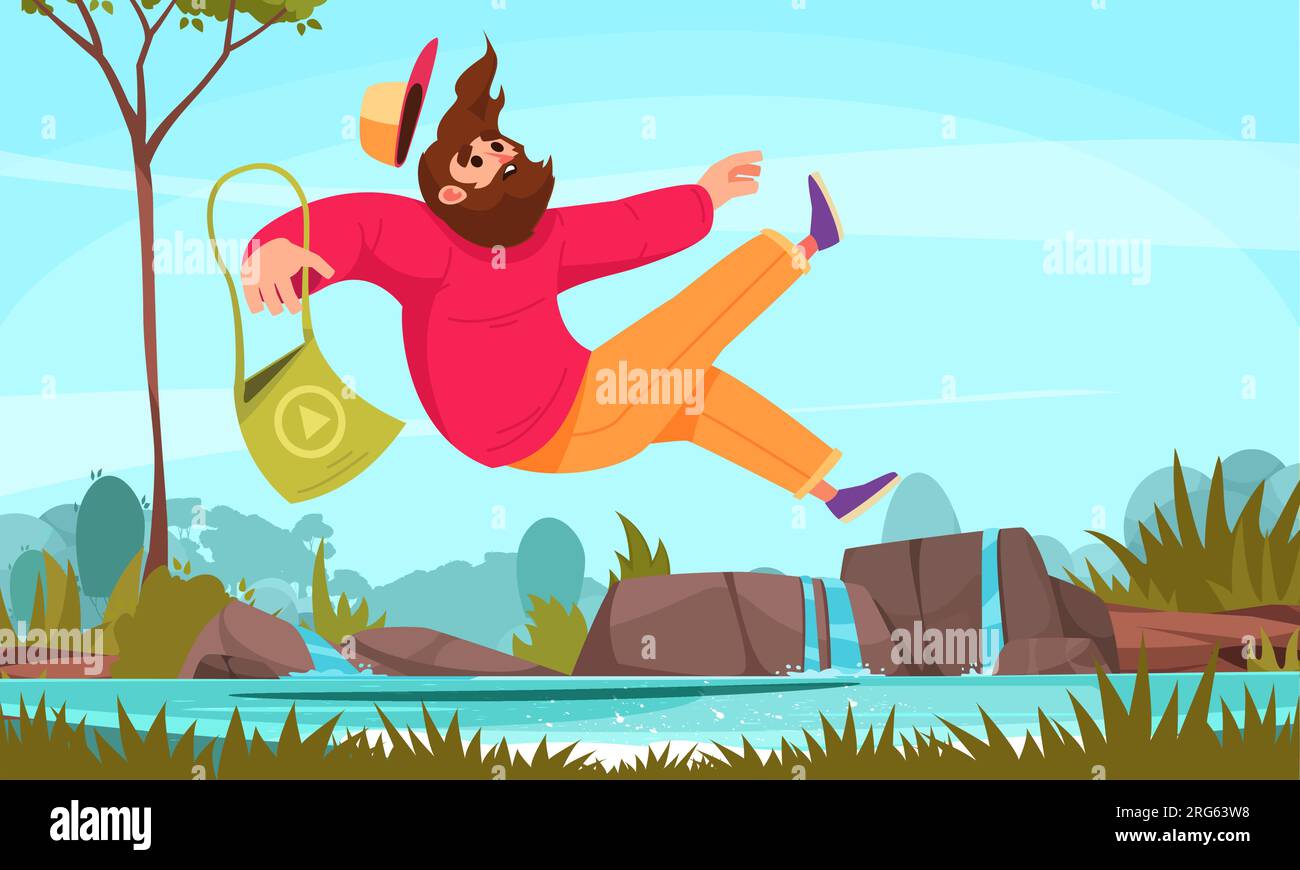 Flat falling people concept the man falls into a body of water and ...