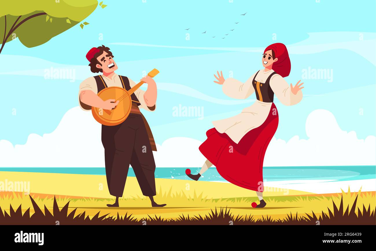 Colored flat folklore music composition man plays music and his couple ...