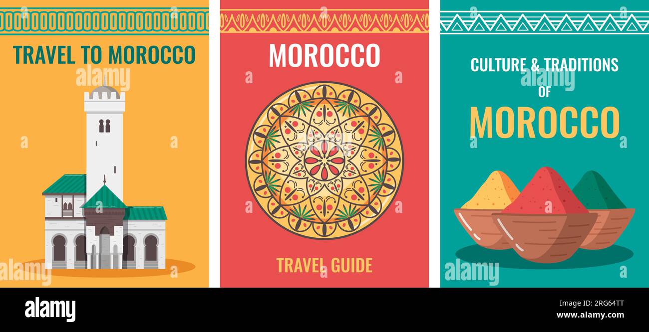 Morocco touristic travel flat set of three vertical posters with ...