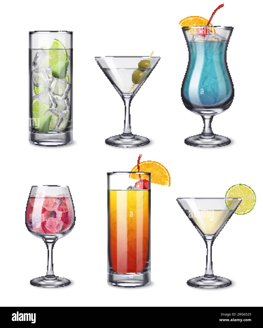 Alcohol drinks cocktails realistic set with isolated front view images ...