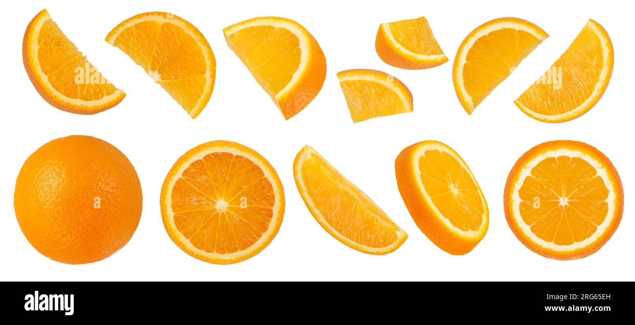 A set of sliced and whole oranges on a white isolated background. Round ...