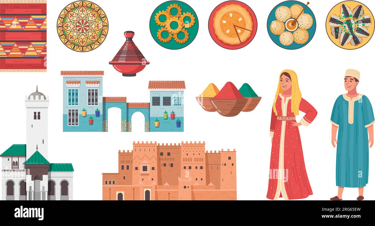 Morocco touristic travel set with flat icons of food ancient buildings traditional costumes on ...