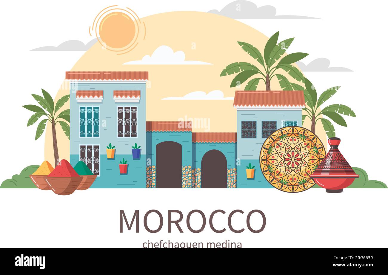 Morocco touristic travel flat composition with editable text and front ...