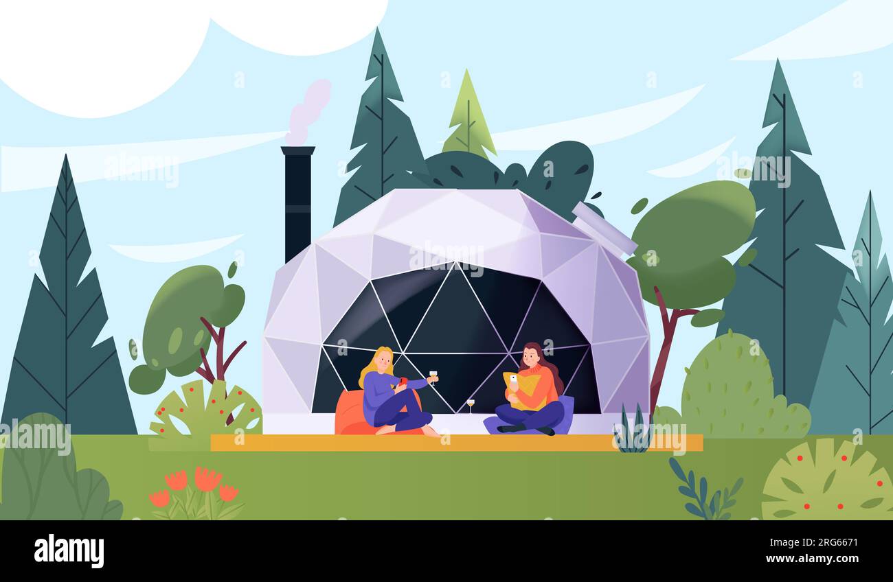 Glamping flat concept with people seating outside modern camping lounge ...