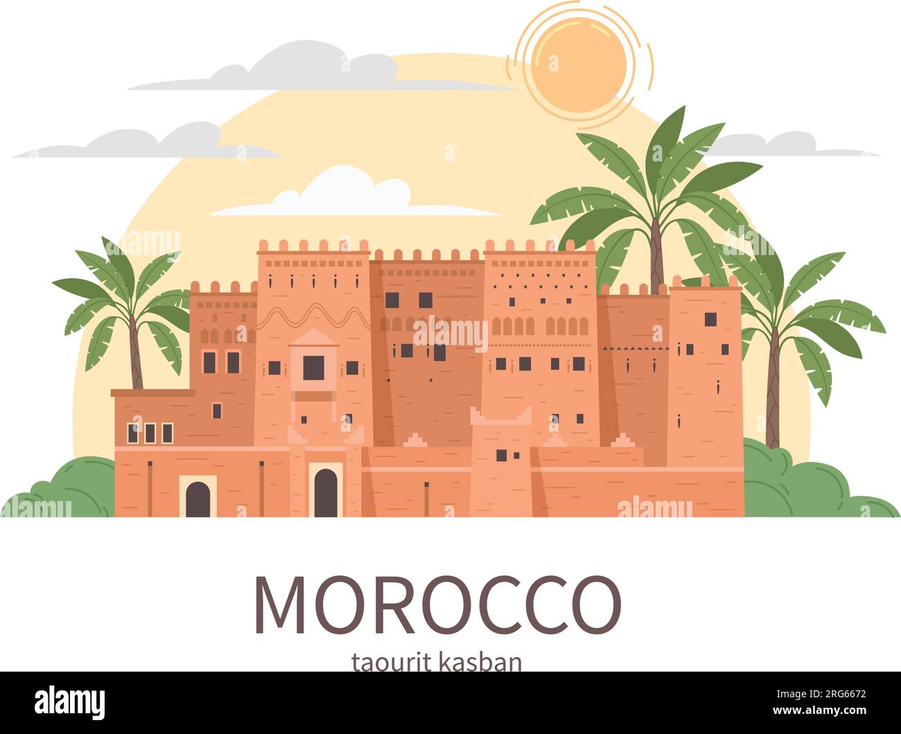 Morocco touristic travel flat composition with front view of ancient ...