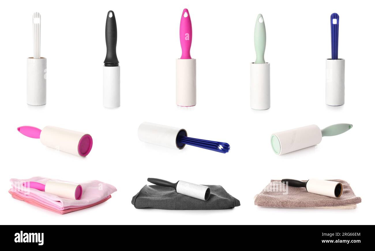 Set of lint rollers with fabrics on white background Stock Photo - Alamy
