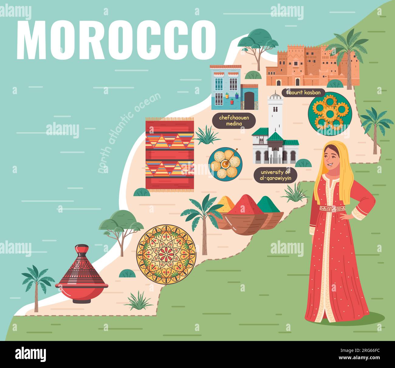 Morocco touristic travel map flat composition of text woman in ...