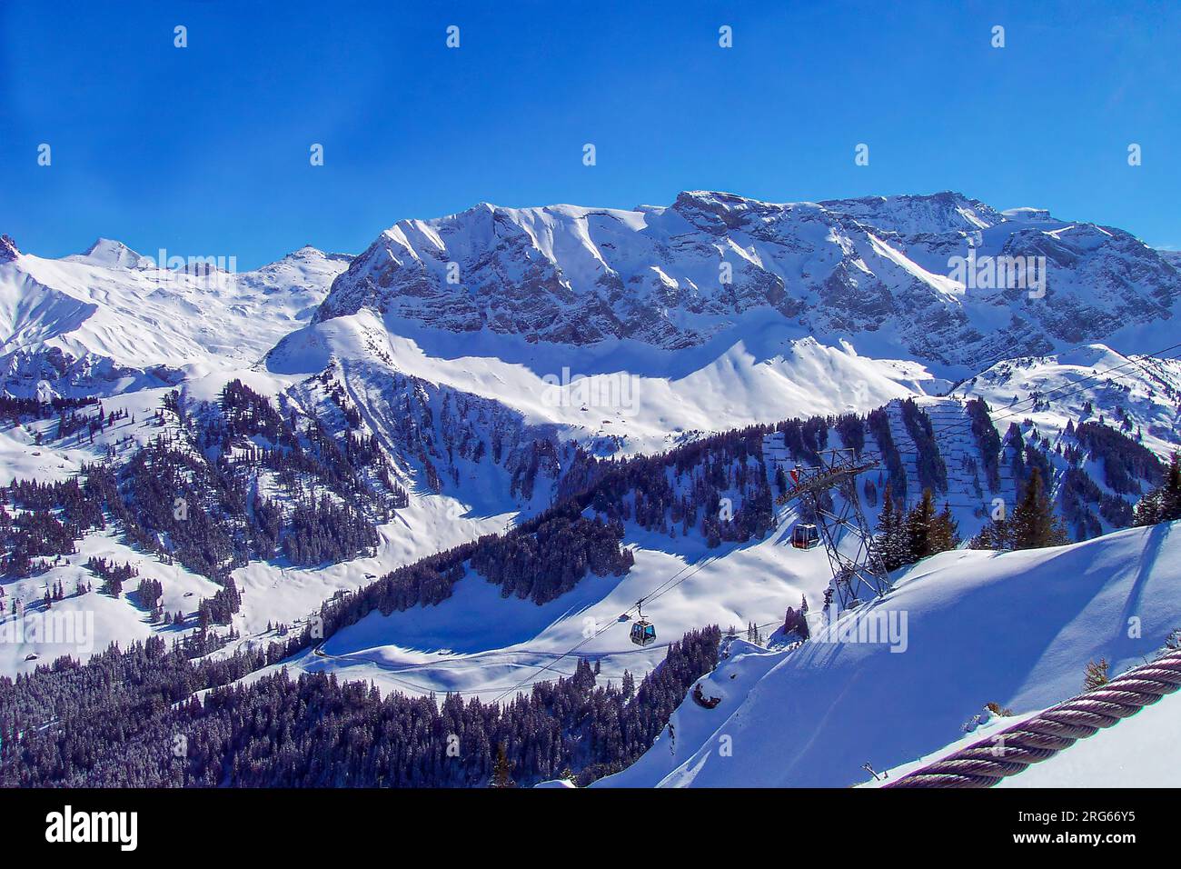 View from the piste into the Adelboden valley. Switzerland, Europe ...