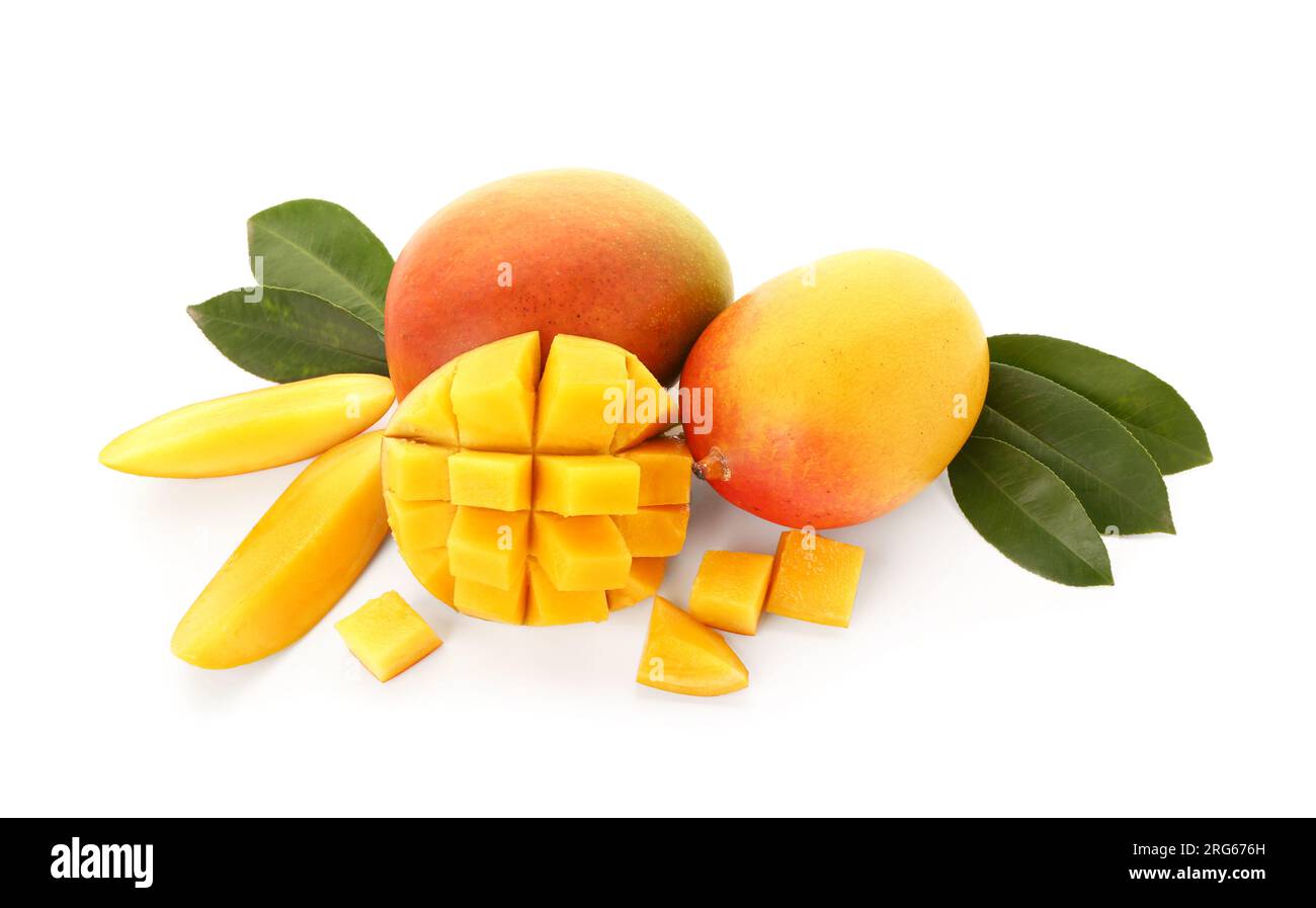 Fresh ripe mangoes on white background Stock Photo - Alamy