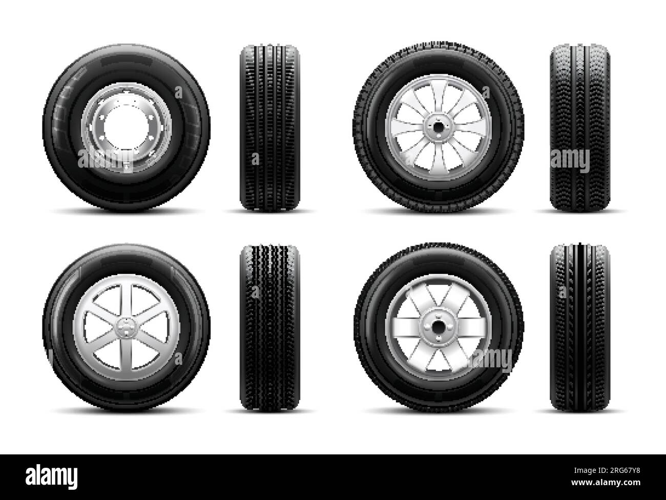 Front and side view of car wheels with various disks realistic set on ...