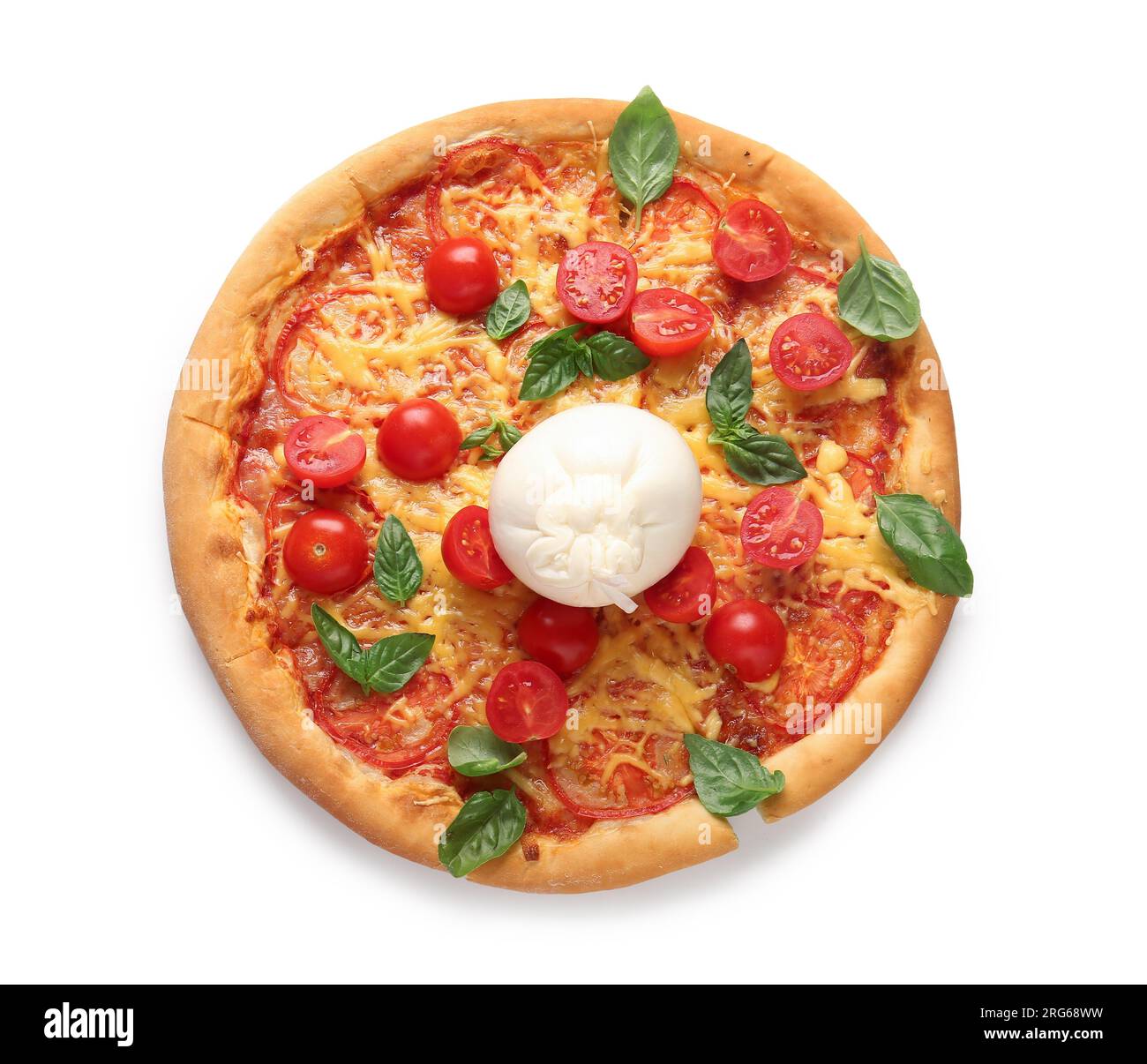 Tasty pizza with Burrata cheese on white background Stock Photo - Alamy