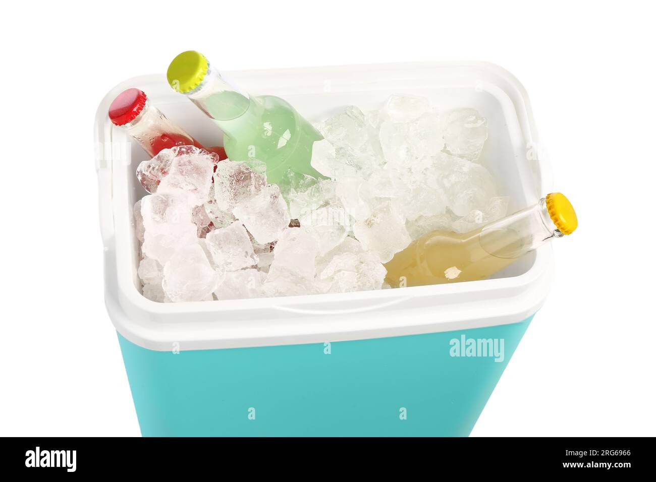 Modern beach cooler with ice cubes and bottles of cold drink on white ...