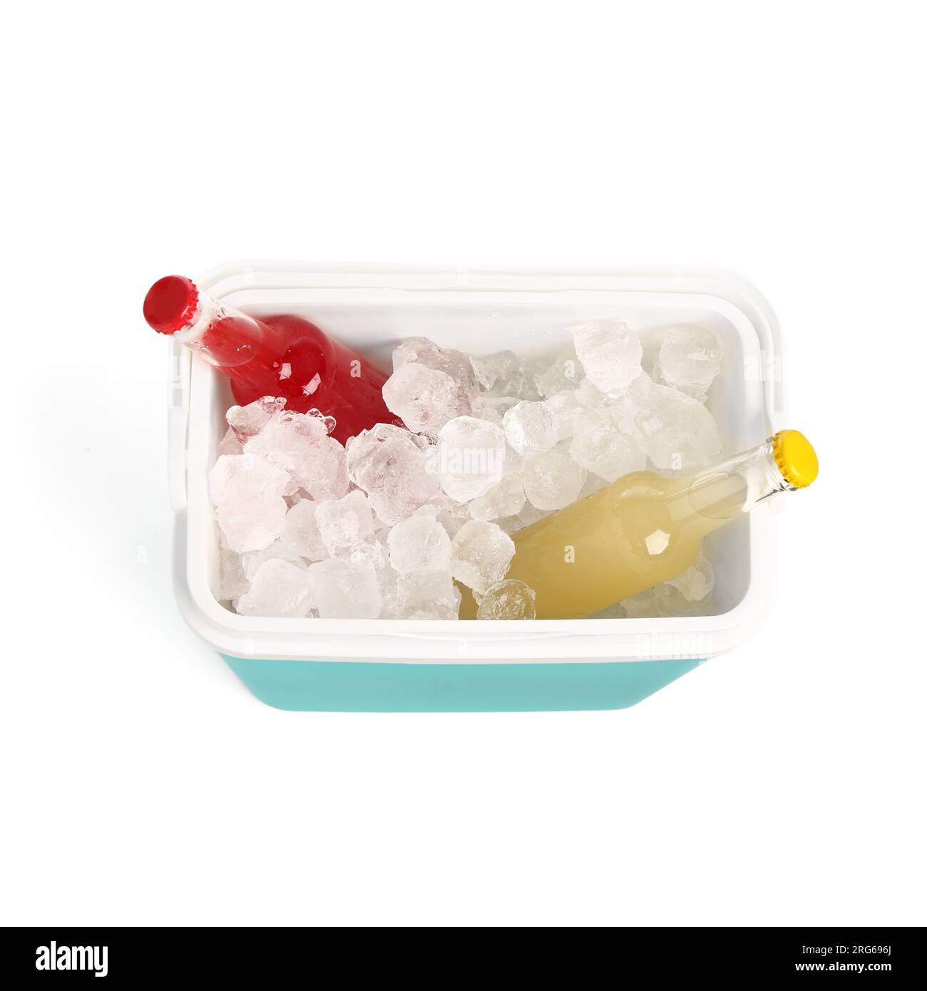 Modern beach cooler with ice cubes and bottles of cold drink on white ...