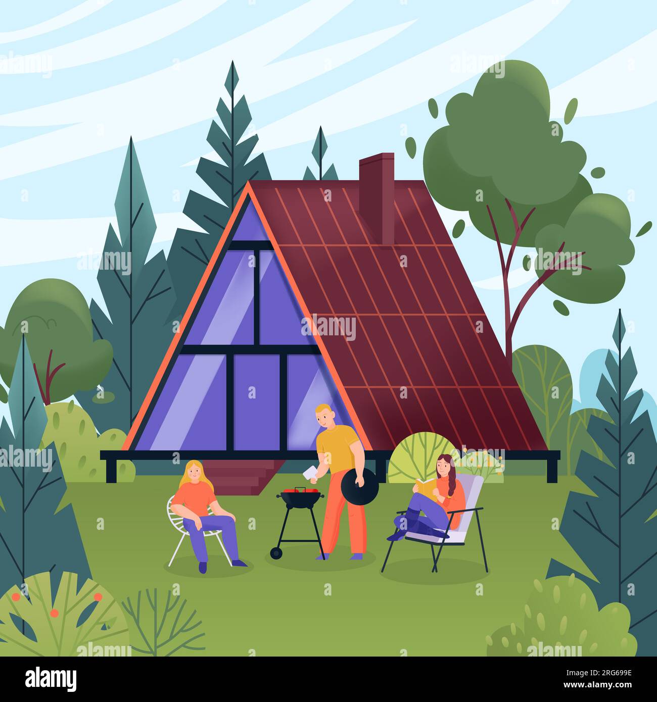 Glamping flat concept with people making barbeque in forest with modern ...