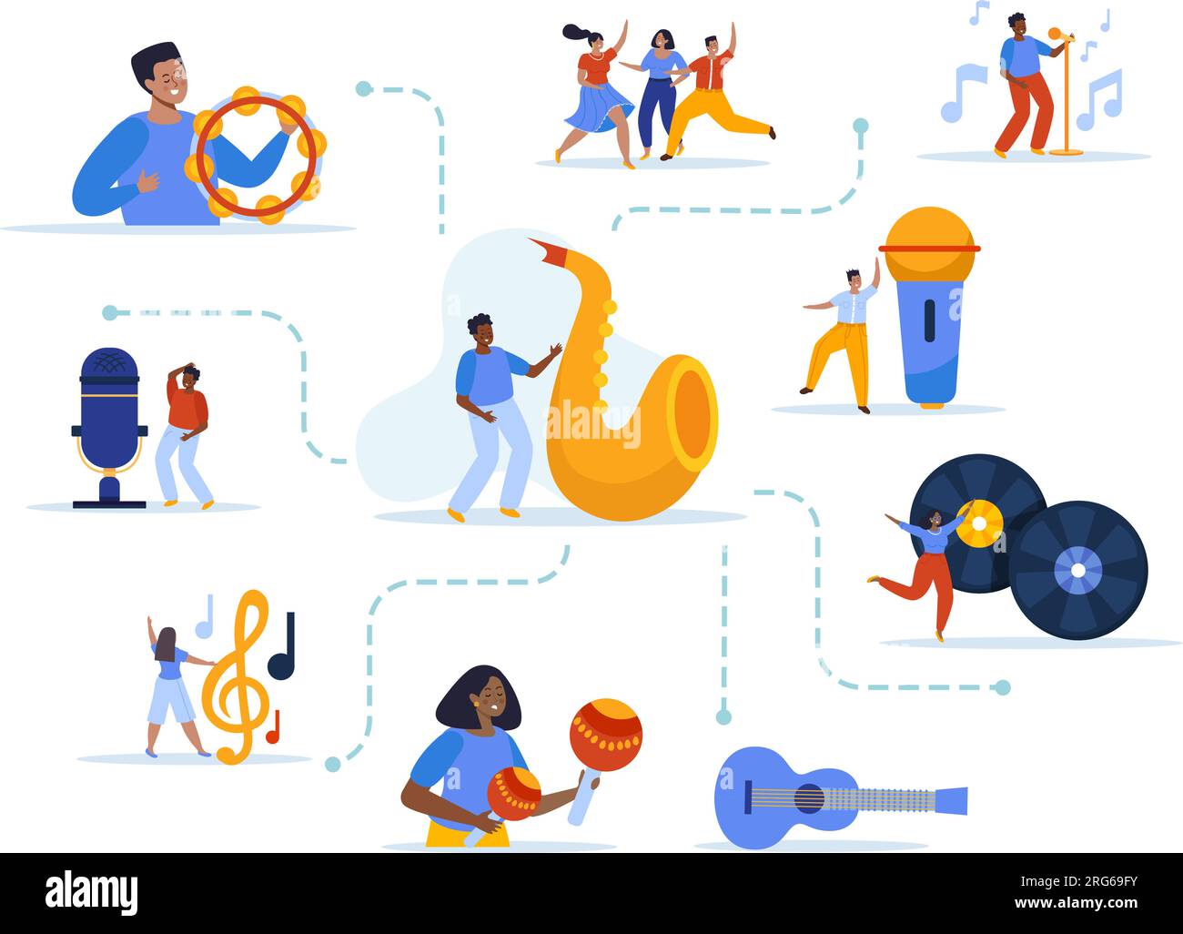 Music school flat composition with isolated icons of doodle people with ...