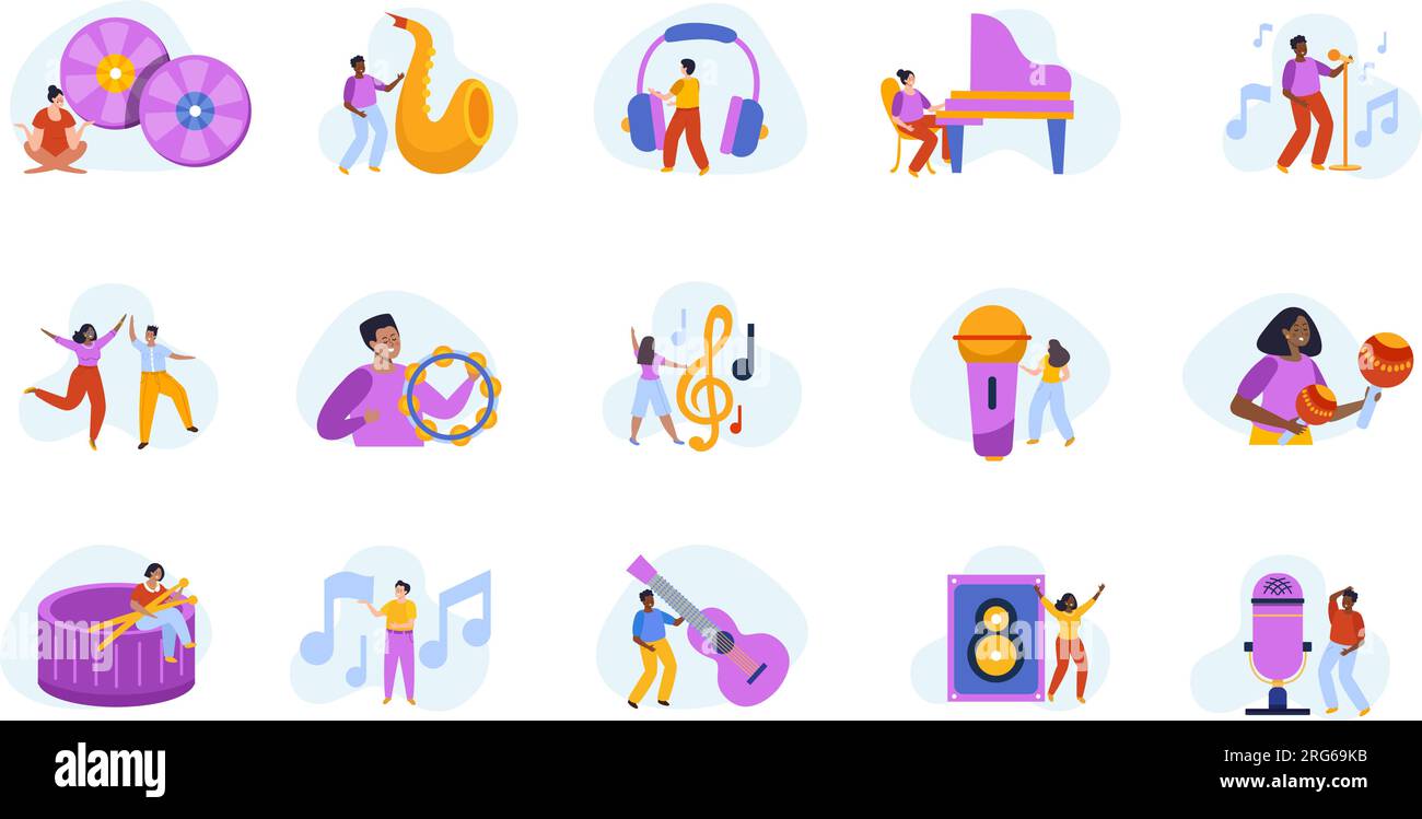 Music school set with flat isolated icons of musical notes with ...