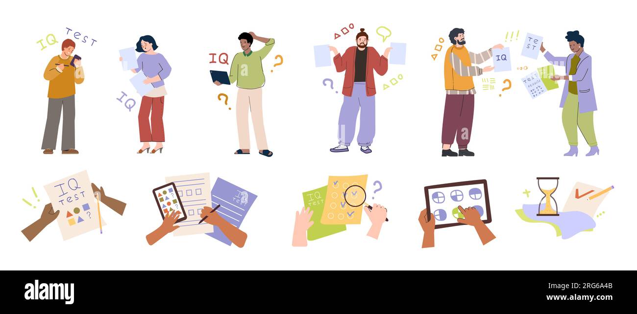 Iq test flat set of isolated human characters and question mark icons ...