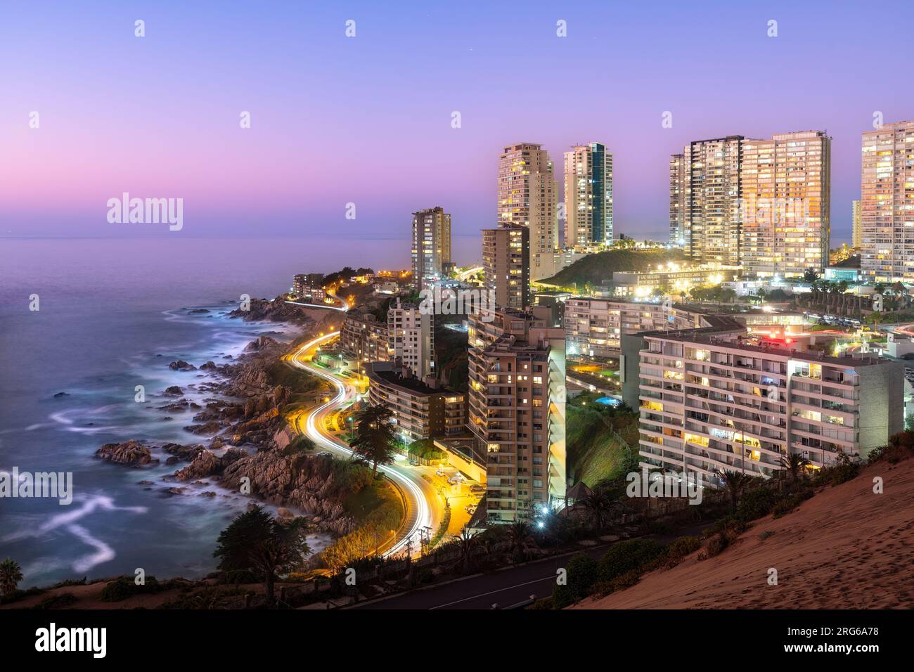 View of buildings in Concon from the sand dunes, Valparaiso Region ...