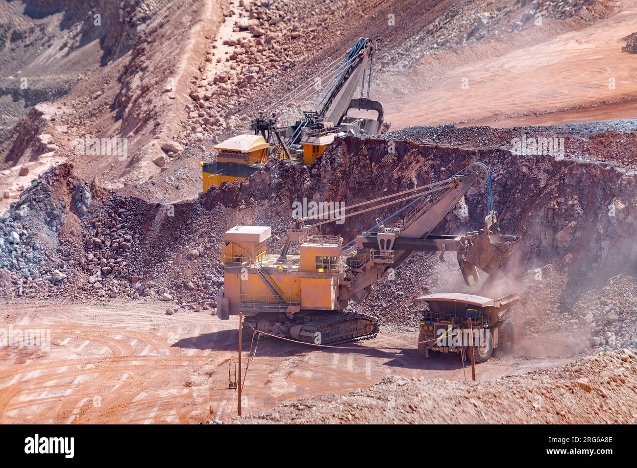 Electric rope shovel loading a dump truck at a copper mine in Peru ...
