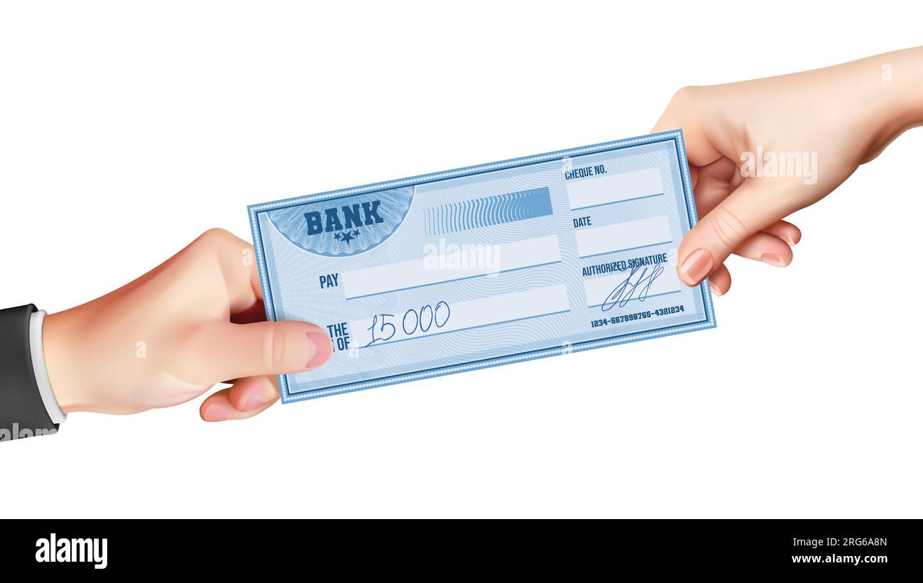 Businessman hand giving signed bank check to other female person ...