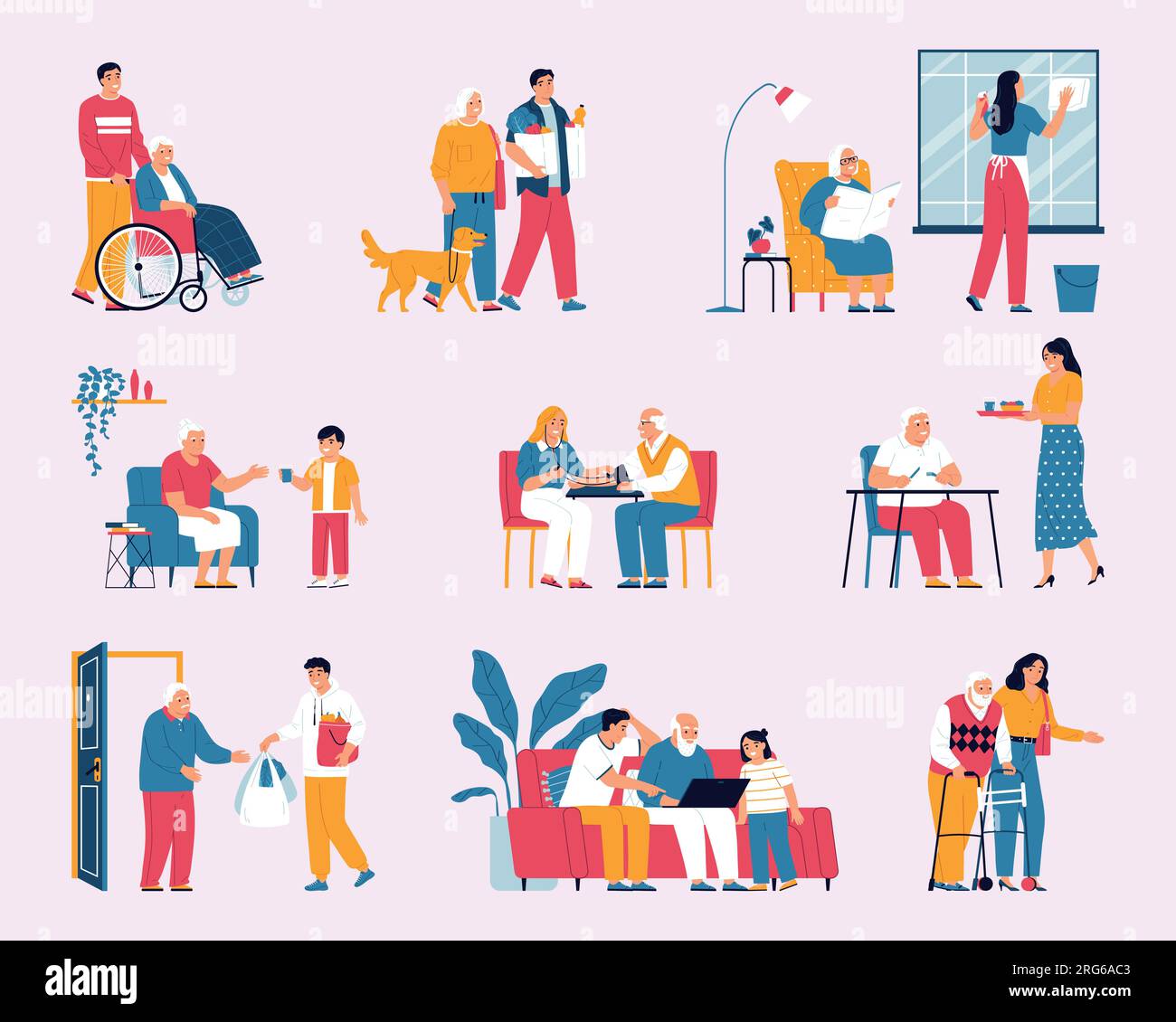 Elderly people help color set with volunteer aid symbols flat isolated ...