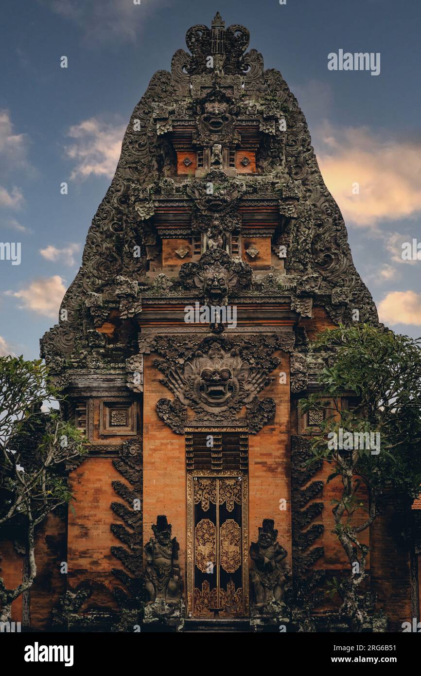 Ubud sacred hinduism religion temple. Traditional curved stone bali ...
