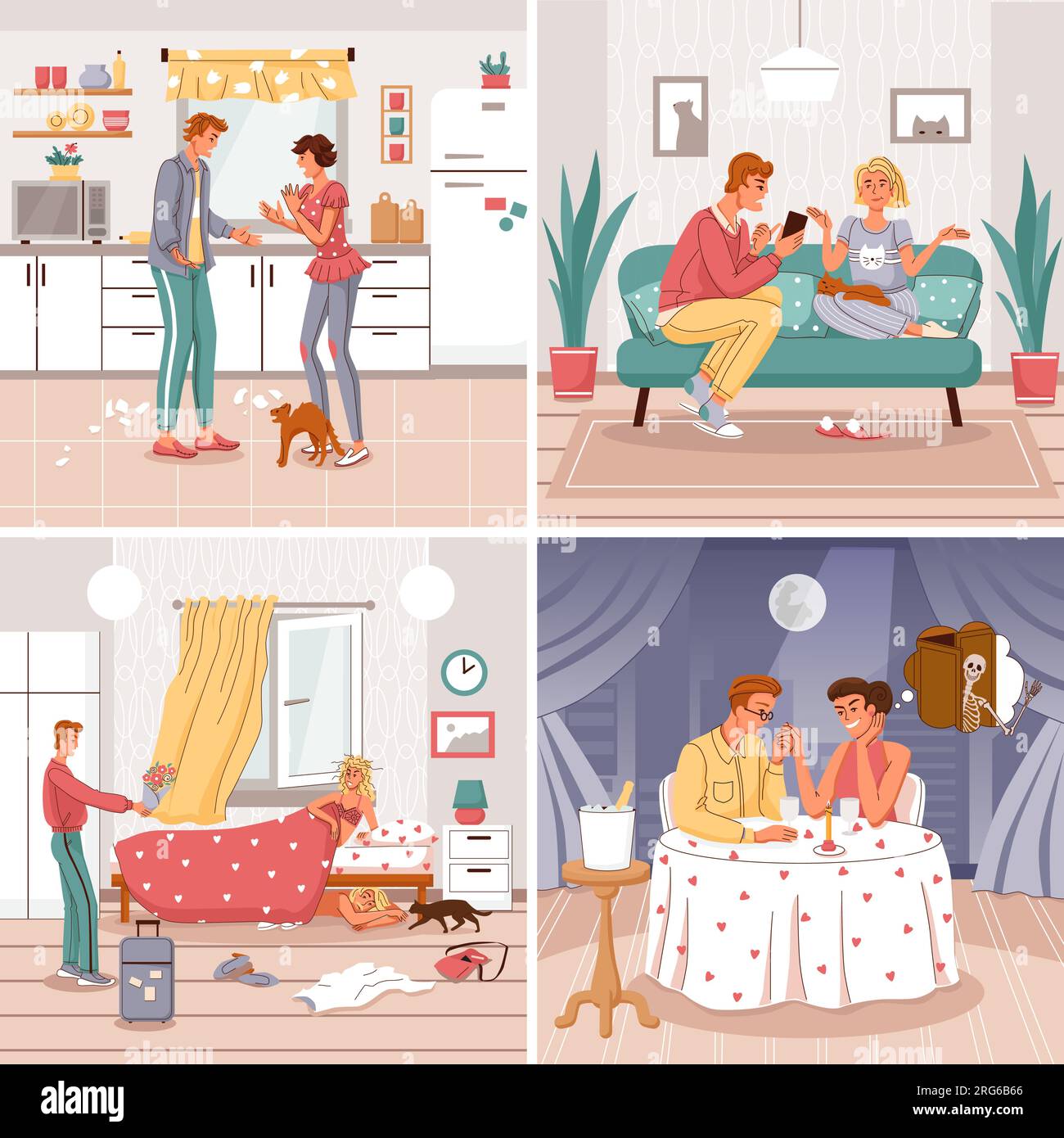 Disrupt in relationship flat set of square compositions showing various ...