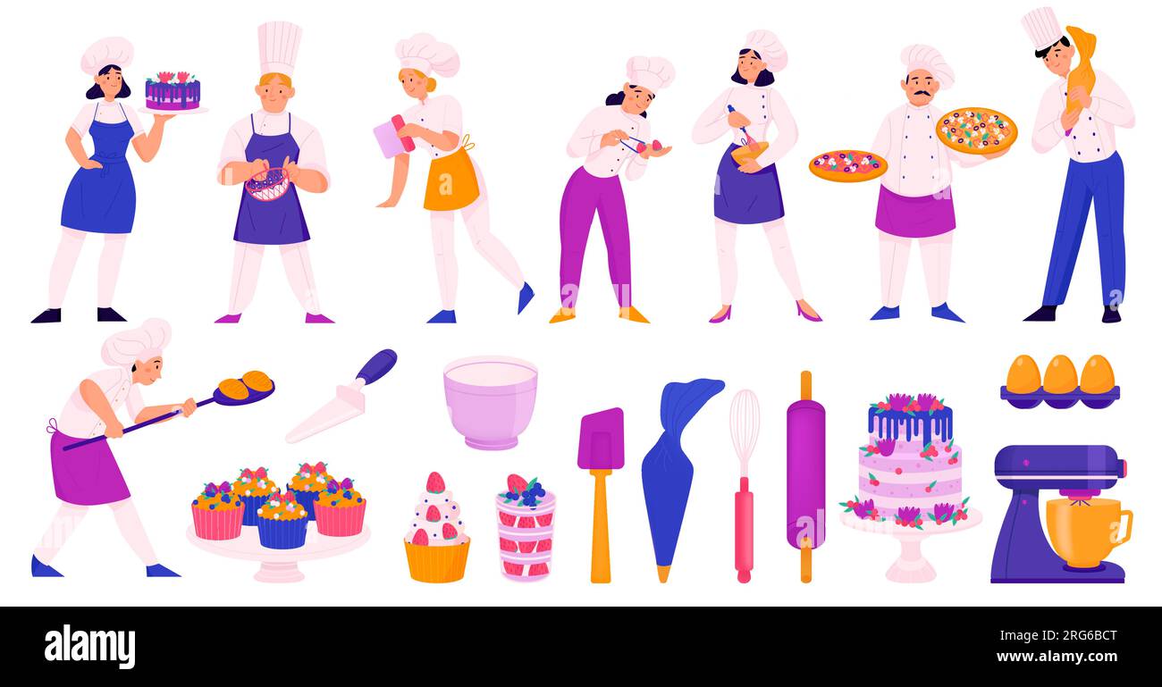 Confectioner chefs color set with isolated icons of kitchenware sweet ... Confectioner chefs color set with isolated icons of kitchenware sweet ...