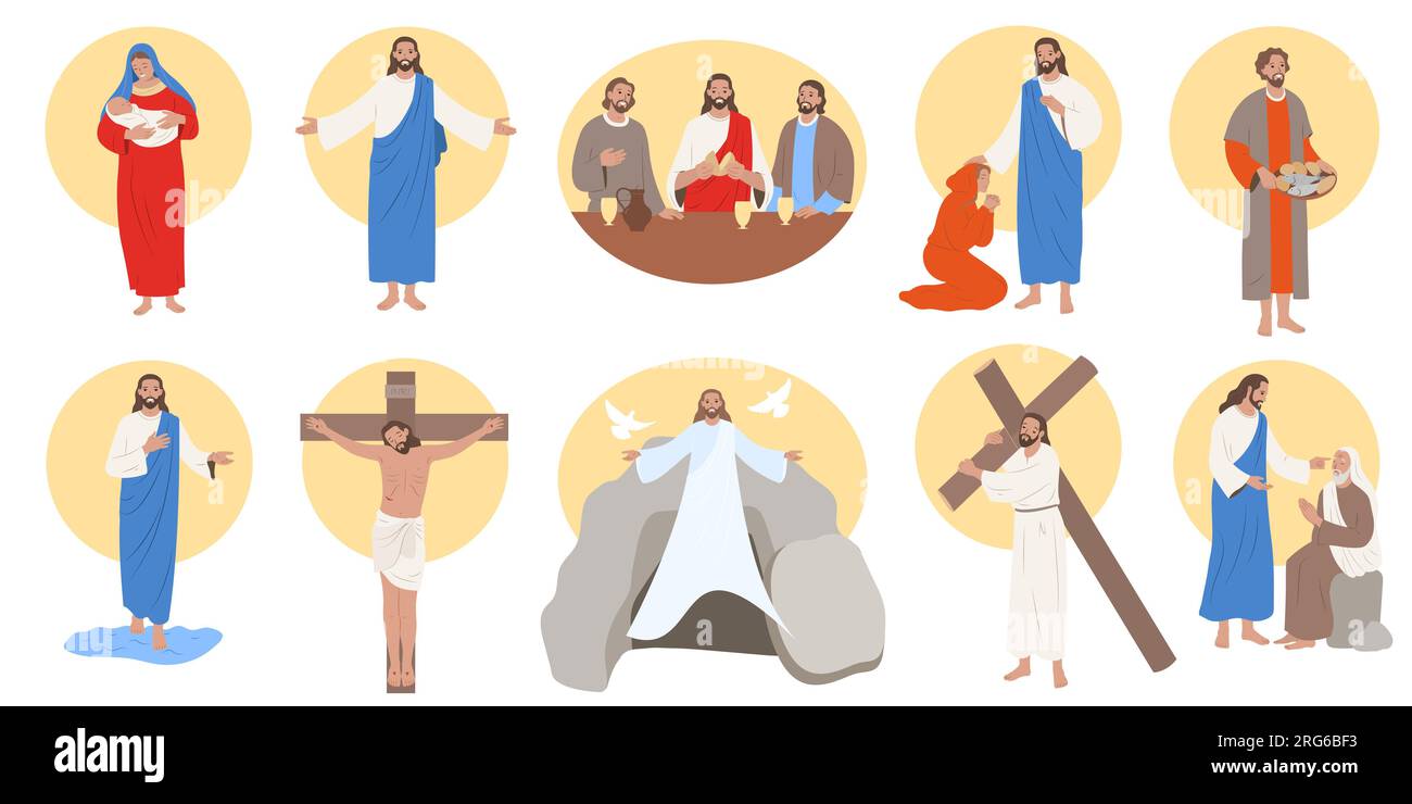 Jesus christ life flat set isolated on white background vector ...